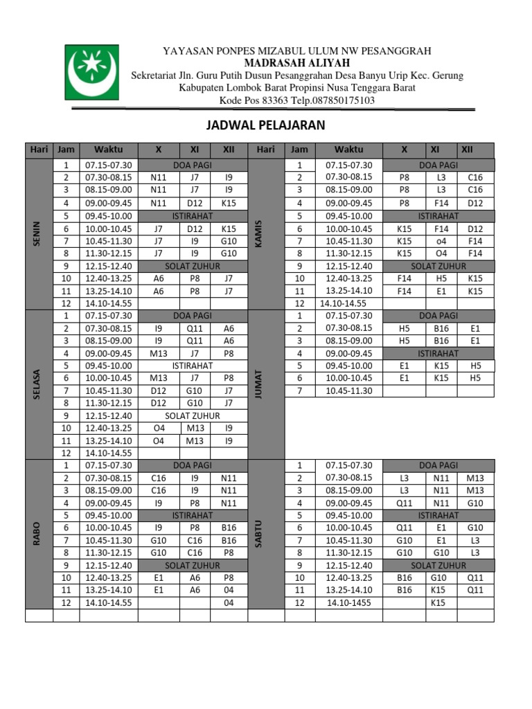 Jadwal Pelajaran Ma Ta 2024-2025 | PDF