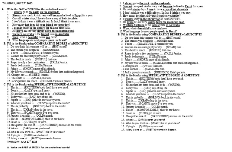Parts of Speech and Adjective Degrees | PDF