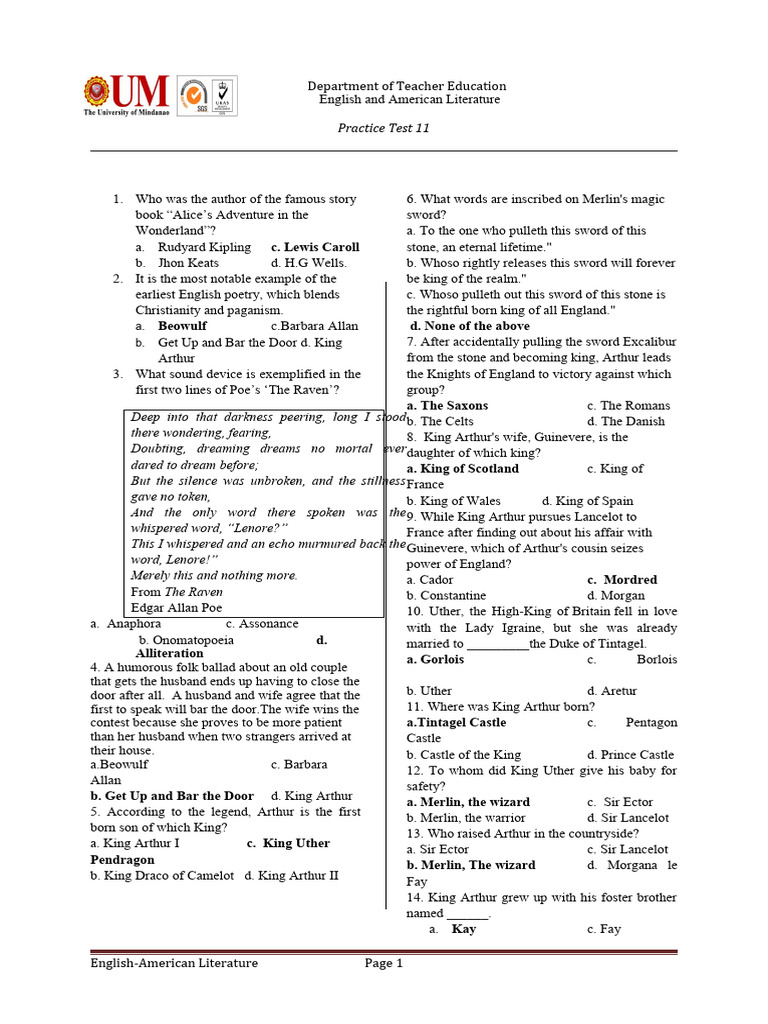 Teacher Education Literature Practice Test | PDF | Morgan Le Fay ...