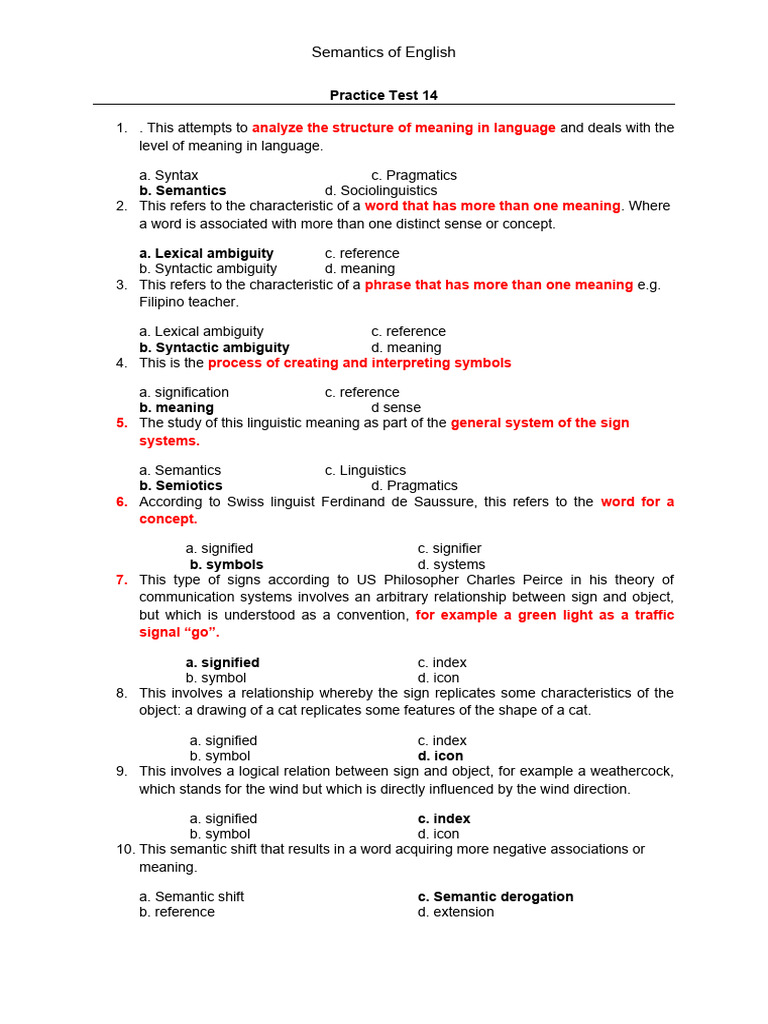 Practice Test 14 Semantics Pdf Semantics Linguistics
