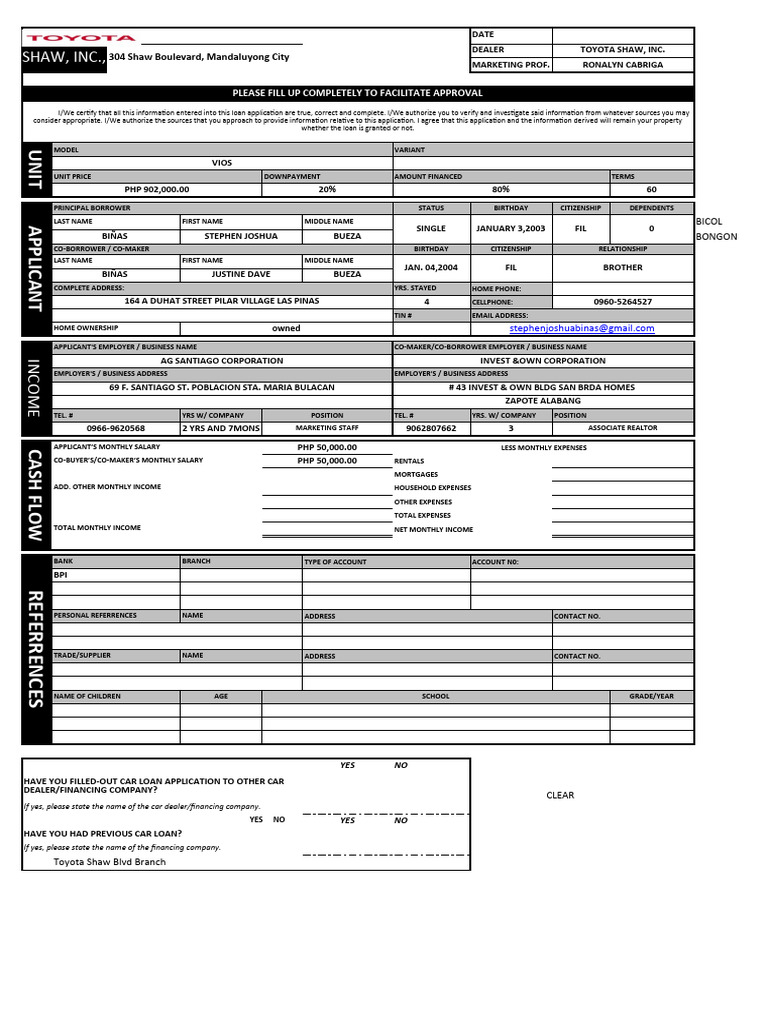 Car Loan Application Form for Toyota | PDF | Loans | Economies