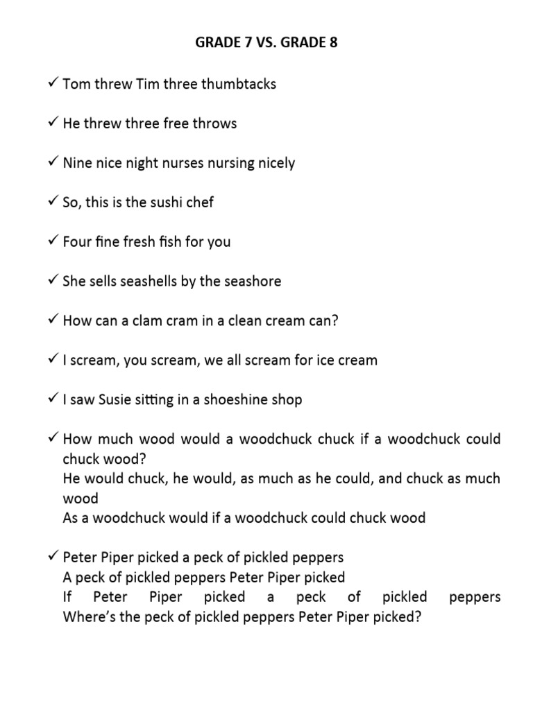 Grade-Specific Tongue Twisters Collection | PDF