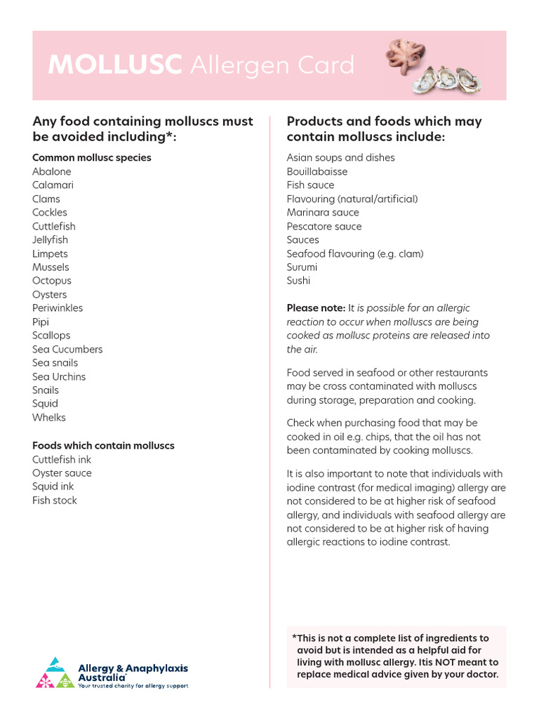 AAA FoodAllergenCards A4 MOLLUSC | PDF | Food Allergy | Allergy
