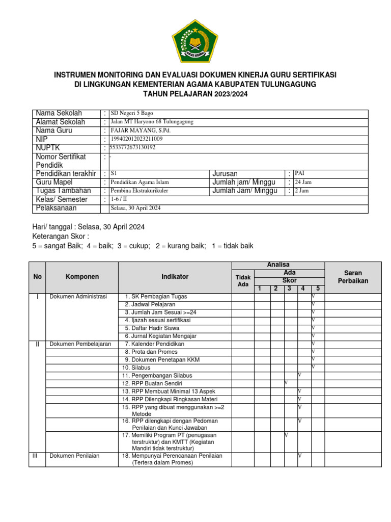 Fajar Mayang - Instrumen Monev Dokumen Kinerja Guru Sertifikasi | PDF