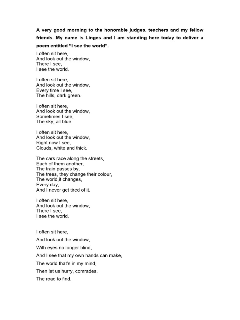 Poem Recitation for Judges: "I See the World" | PDF | Poetry