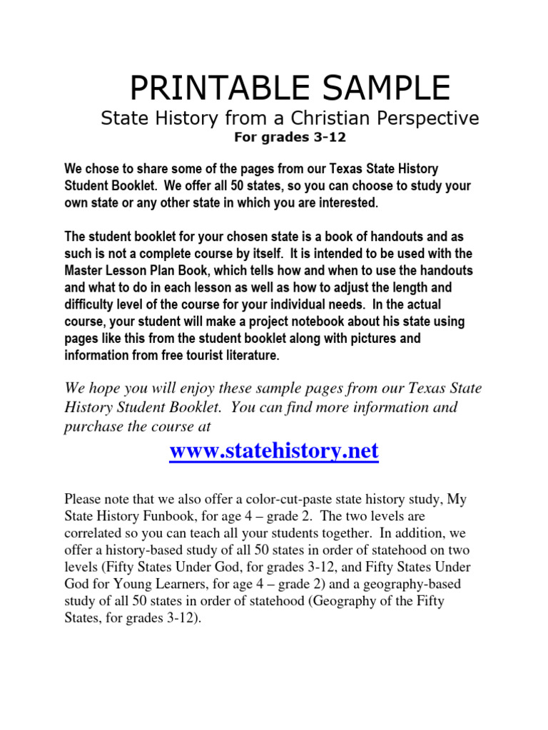 Printable Sample From State HIstory From A Christian Perspective | PDF