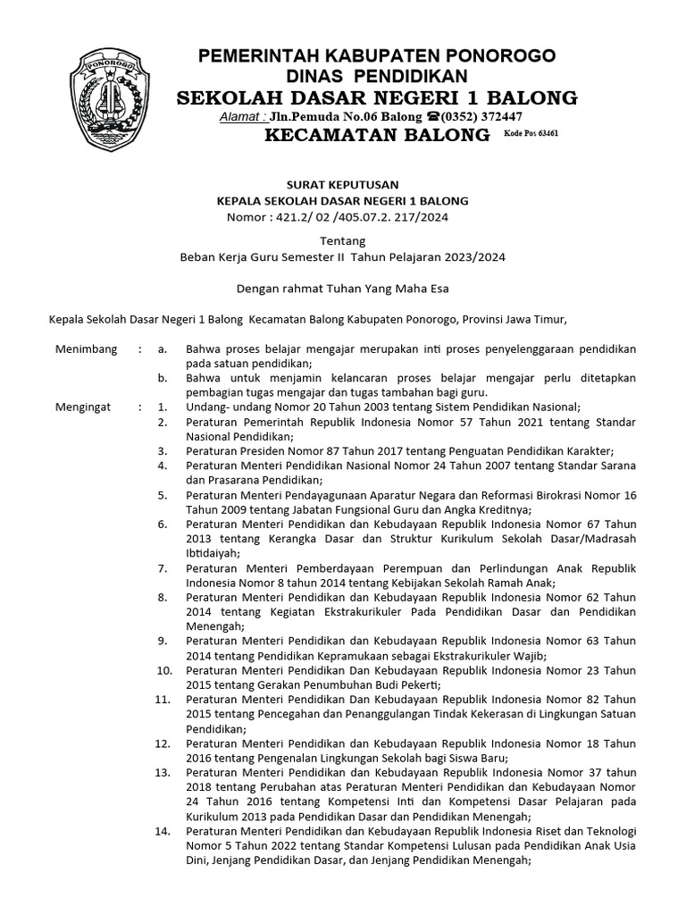 Beban Mengajar Semester 2 Tahun Pelajaran 2023 - 2024 | PDF