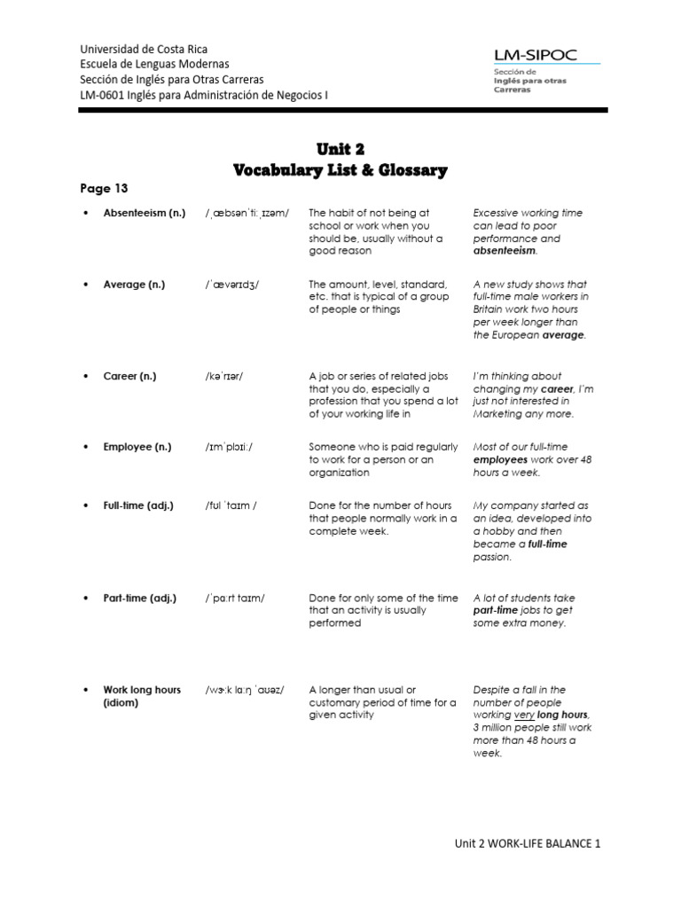 Unit 2 - Vocabulary List | PDF | Labor