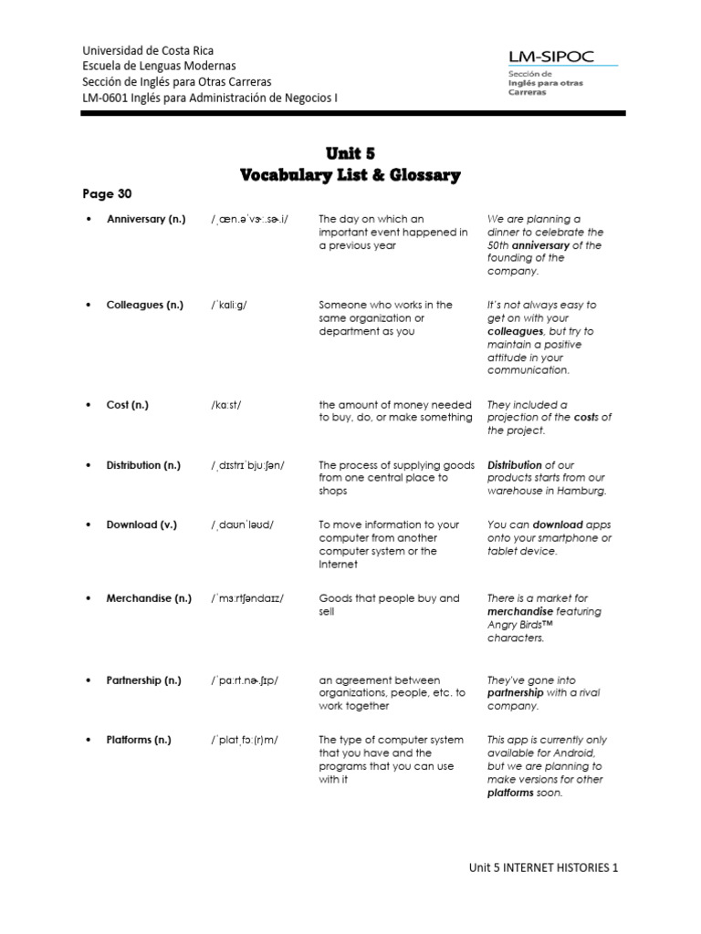 Unit 5_Vocabulary list | PDF | Internet | Computing