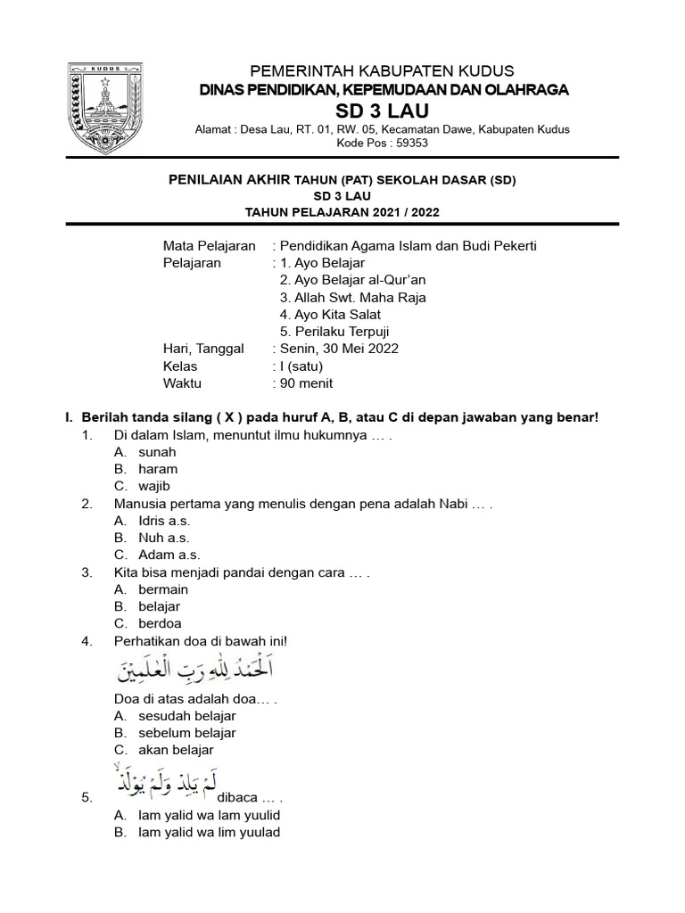 Soal PAI Kelas 1 PAT 2021-2022 | PDF