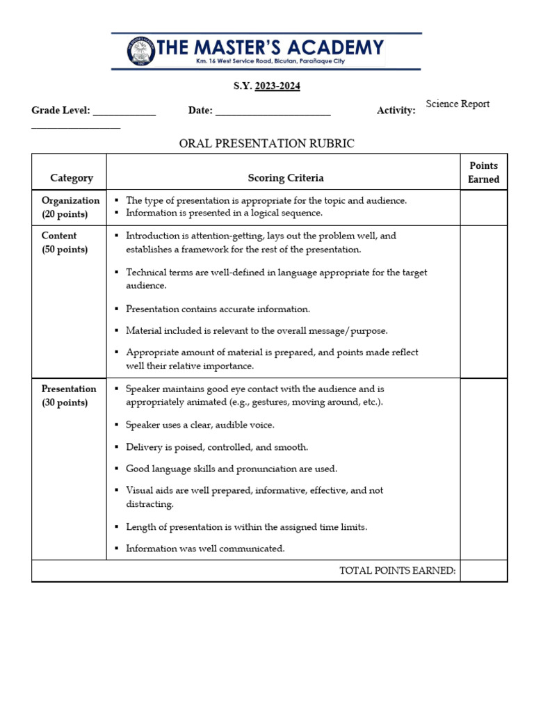 Oral Presentation Rubric Formal | PDF | Public Speaking | Information