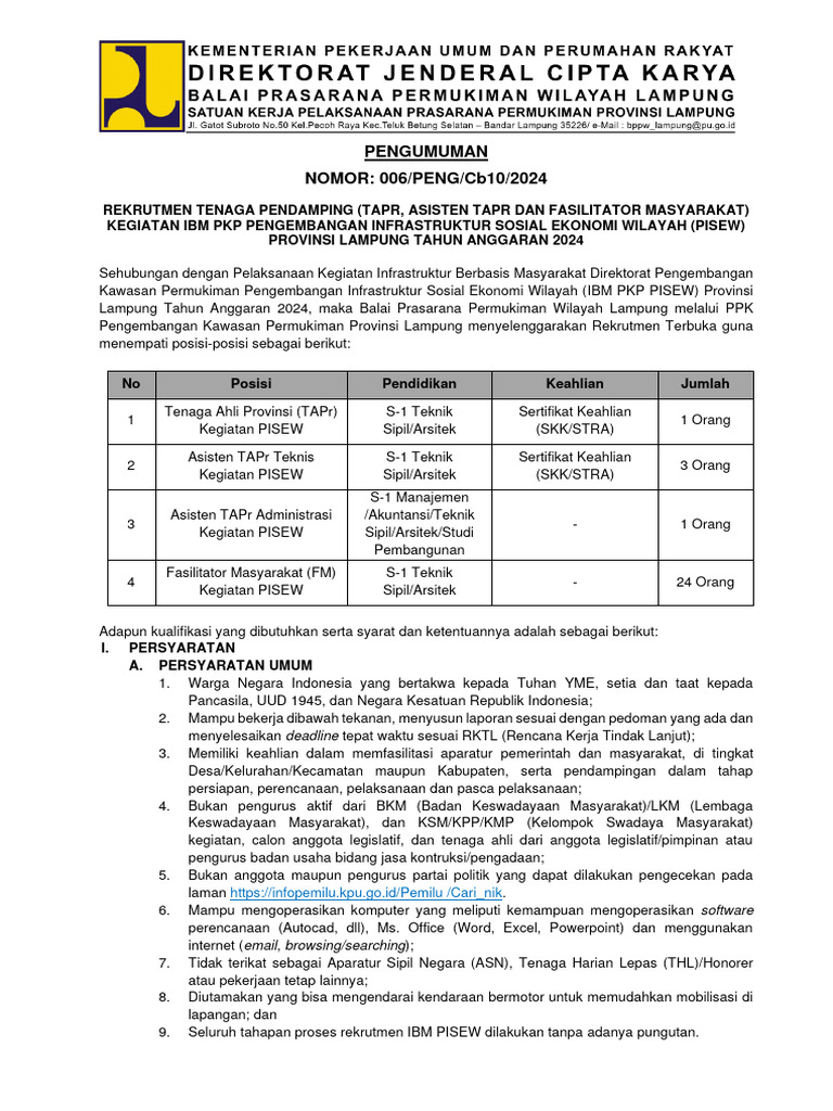 006-Cb10 Pengumuman Rekrutmen Tenaga Pendamping PISEW Lampung TA 2024 | PDF 006-Cb10 Pengumuman Rekrutmen Tenaga Pendamping PISEW Lampung TA 2024 | PDF