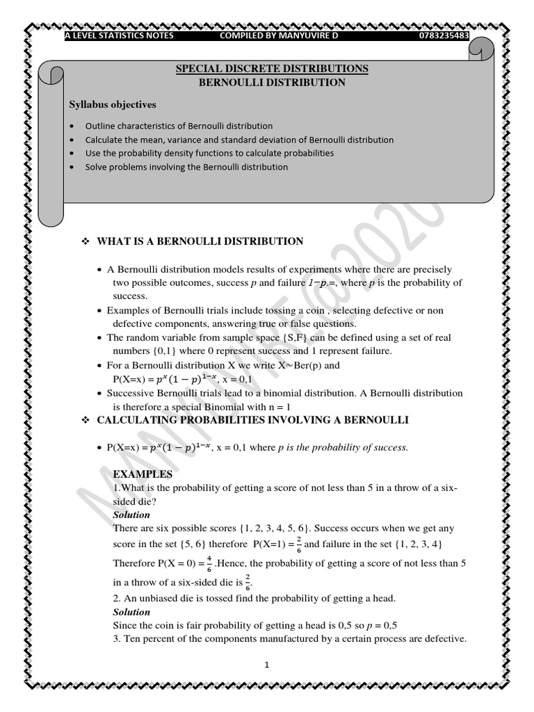 Bernoulli Distribution Notes | PDF | Probability Distribution | Variance