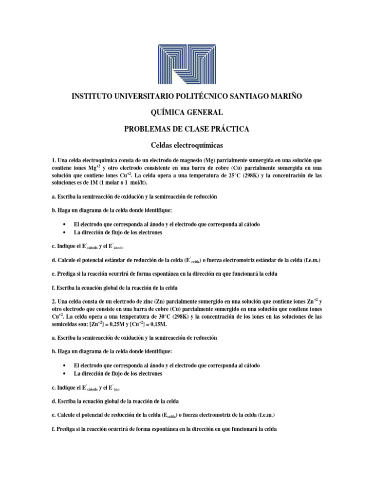 PROBLEMAS DE CLASE PRÁCTICA. CELDAS ELECTROQUÍMICAS | PDF