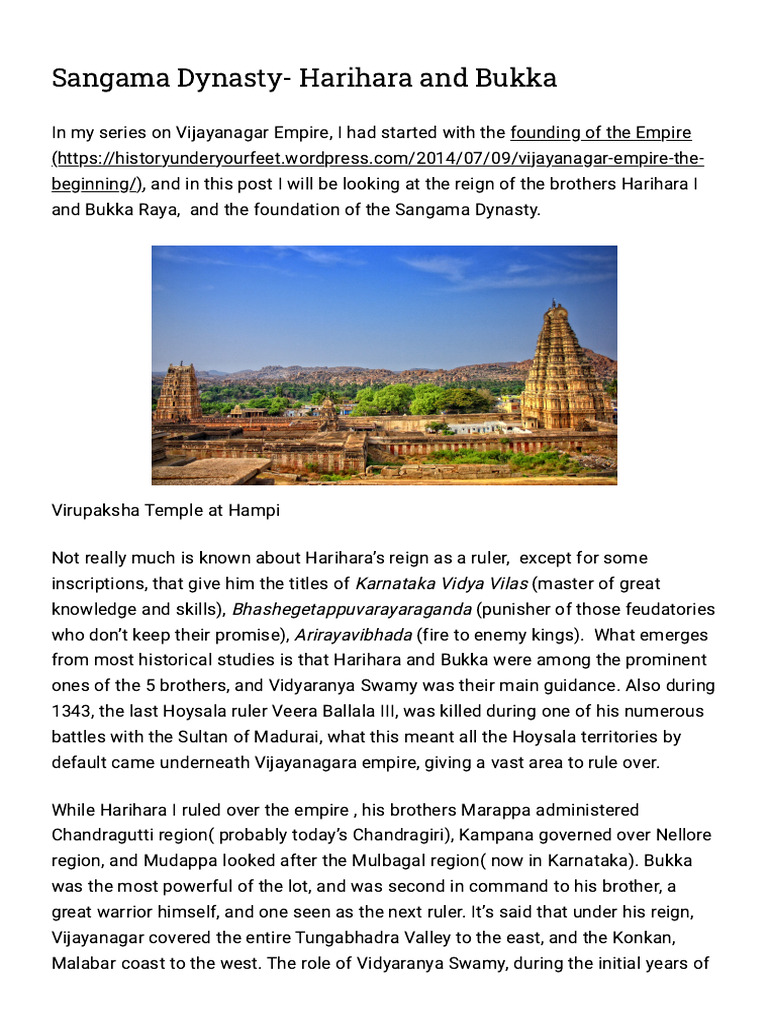 Sangama Dynasty - Harihara and Bukka - Vijaynagar Samrajya | PDF | History