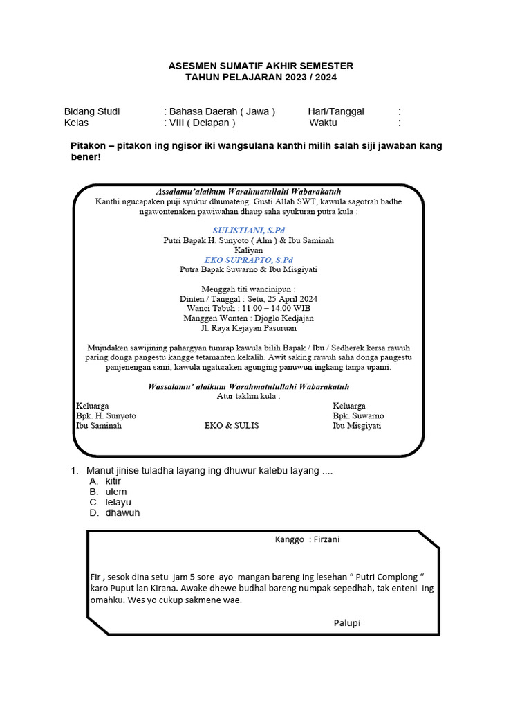 Naskah Soal ASAJ - Bhs. Jawa Kelas VIII | PDF