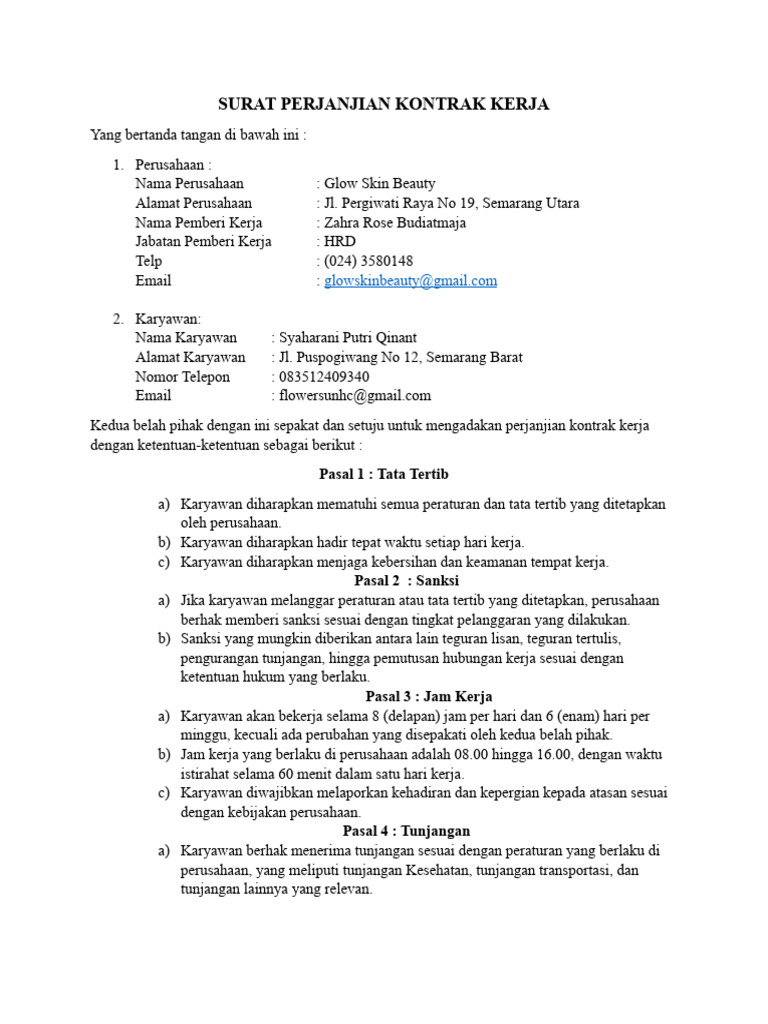 Hukum Perdata Surat Perjanjian Kontrak Kerja | PDF