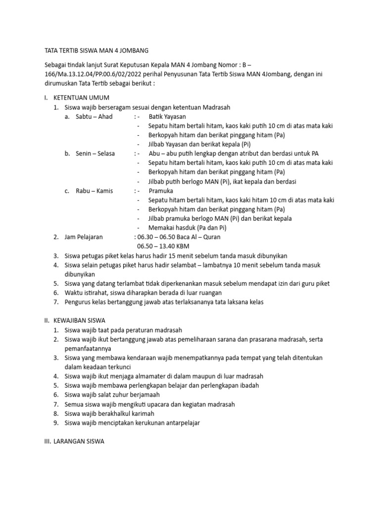 Tata Tertib Siswa Man 4 Jombang | PDF