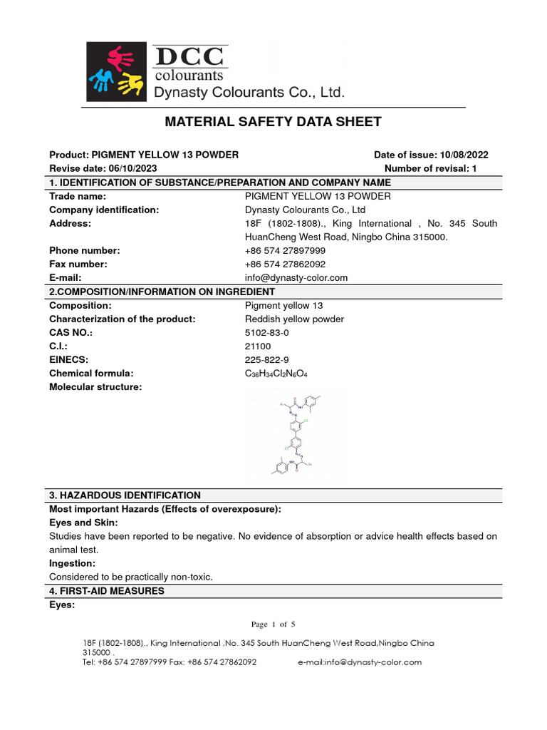 MSDS for Pigment Yellow 13 Powder | PDF | Personal Protective Equipment ...