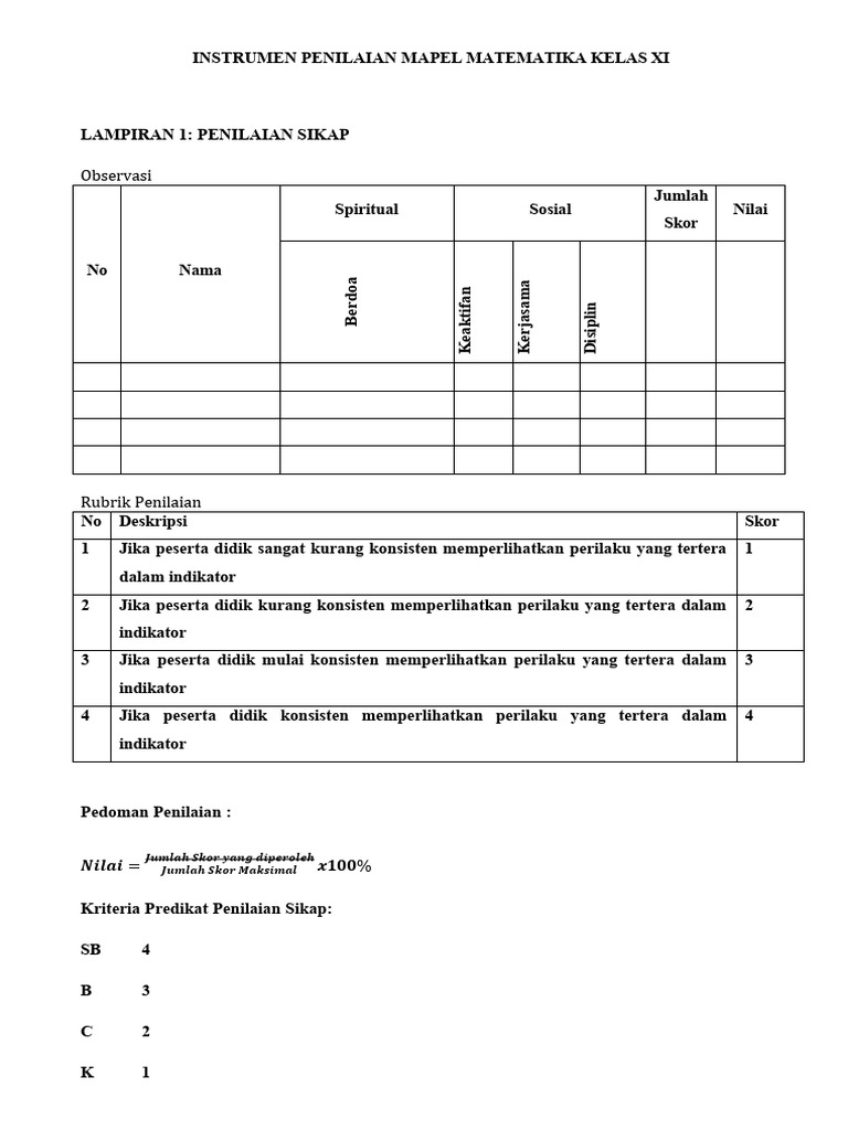 Instrumen Penilaian MTK Kelas Xi | PDF