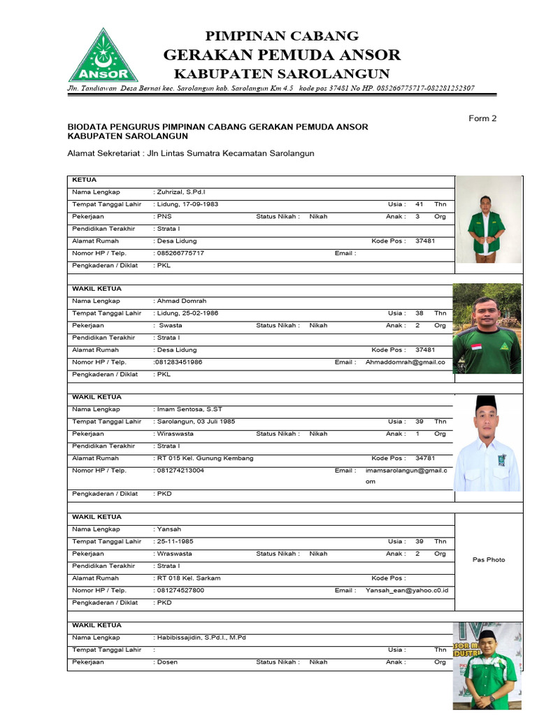 Biodata Pengurus PC Ansor | PDF