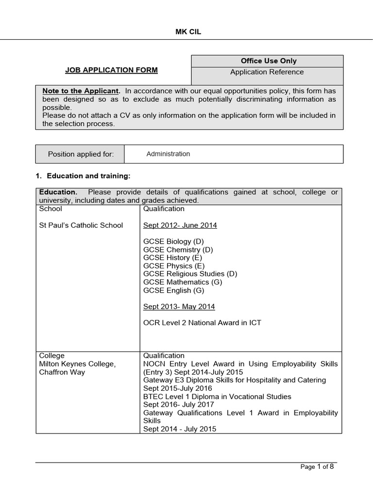 MK CIL Administration Job Application Form | PDF | Employment