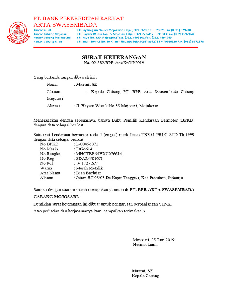 Surat Keterangan BPKB Sebagai Jaminan (Legalisir) | PDF
