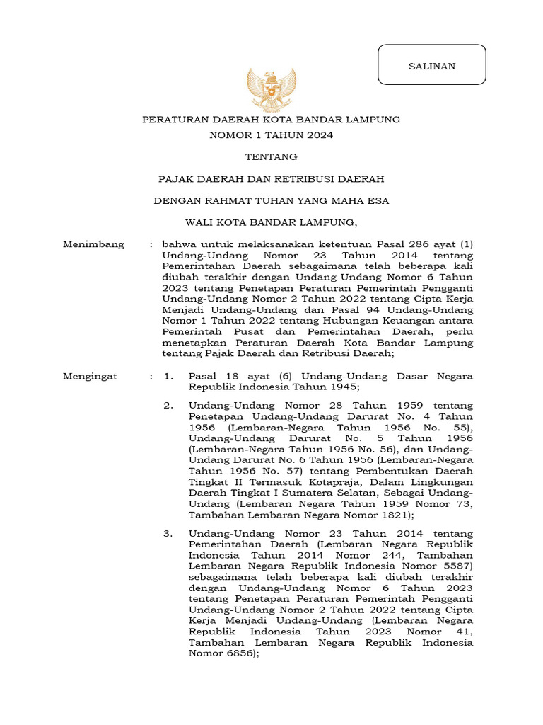 Perda 1 Tahun 2024 | PDF