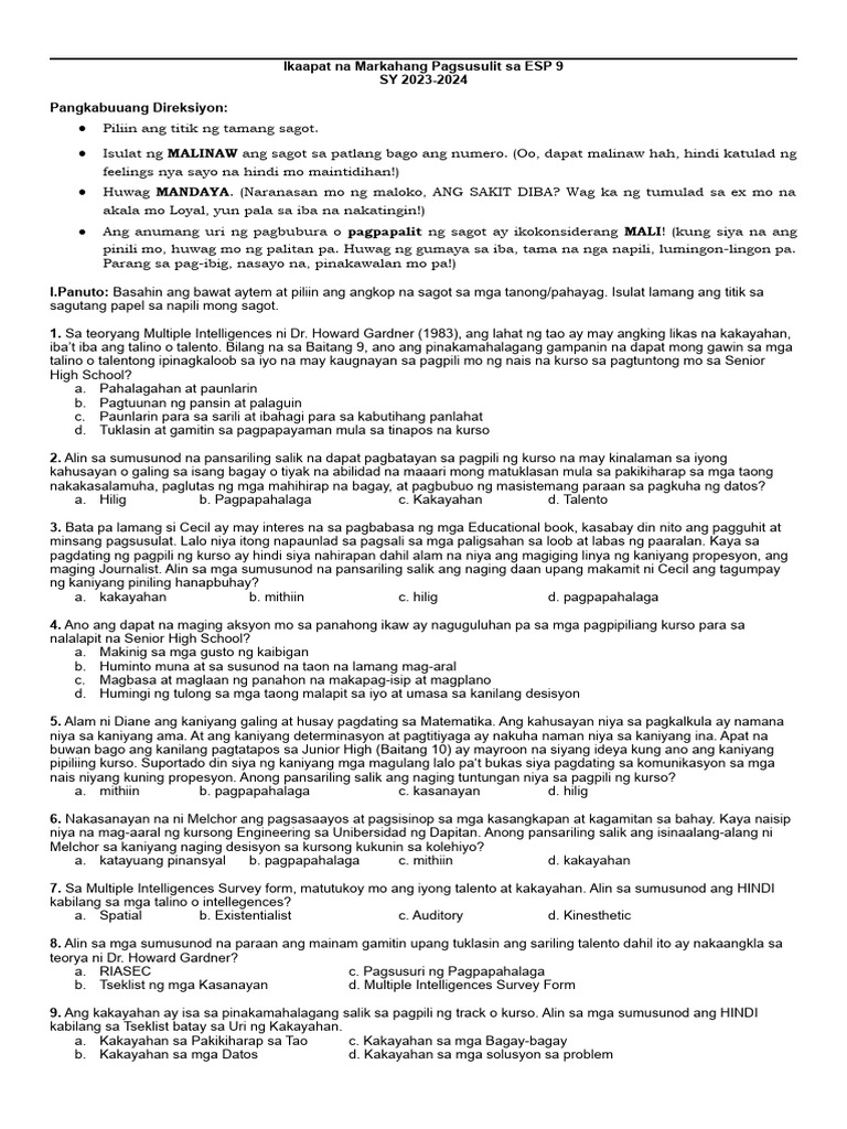 Ikaapat Na Markahang Pagsusulit Sa ESP 9 | PDF