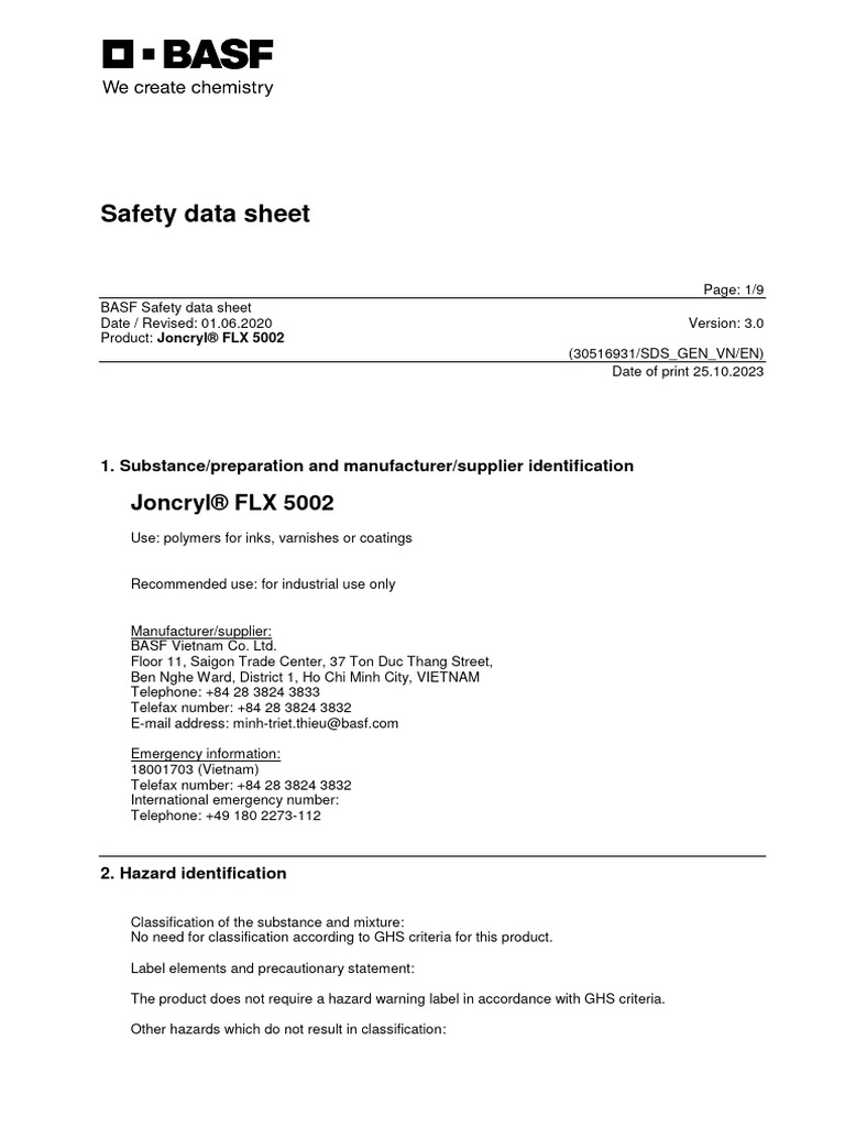 Joncryl FLX5002 - SDS | PDF | Toxicity | Chemistry