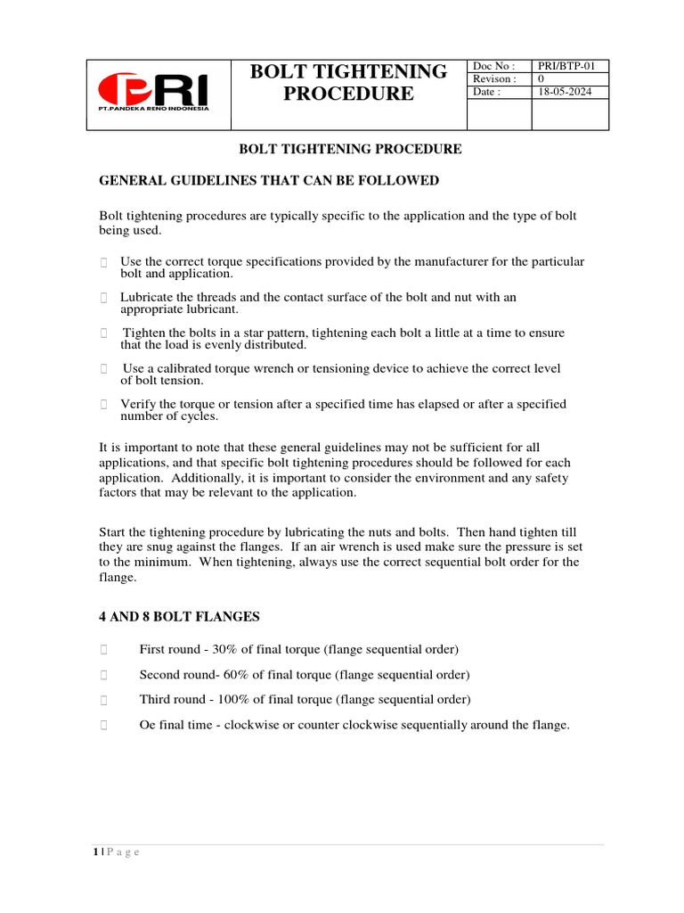 1.3 Bolt Tighening Procedure | PDF | Screw | Mechanical Engineering