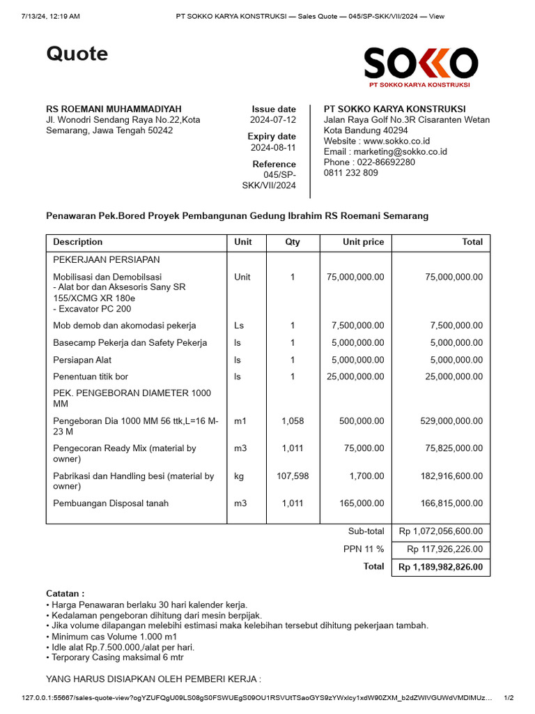 PT Sokko Karya Konstruksi - Sales Quote - 045 - SP-SKK - VII - 2024 - View | PDF | Griya & Taman ...