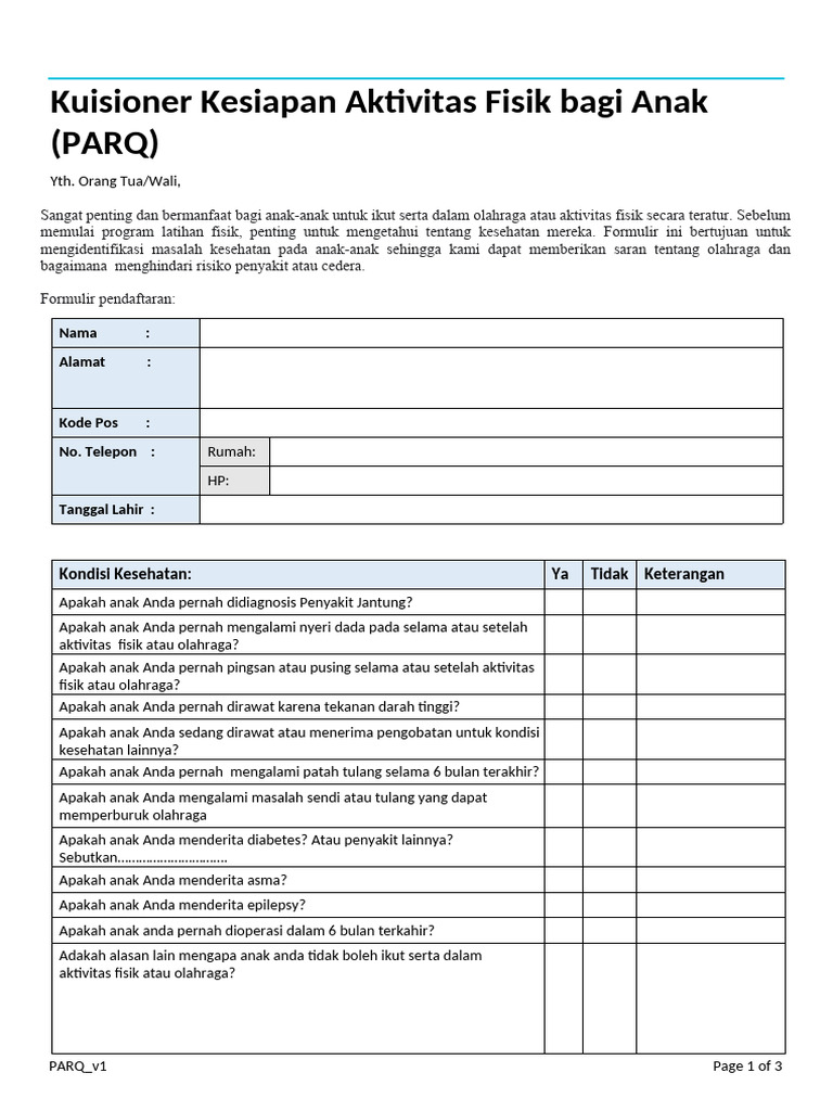 PARQ N Children | PDF | Pengembangan Diri | Kesehatan Holistik