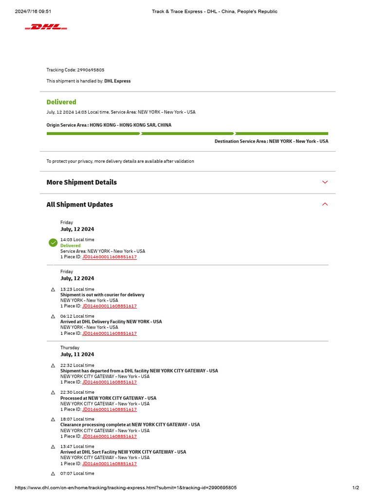 DHL Tracking from China to USA | PDF | Courier