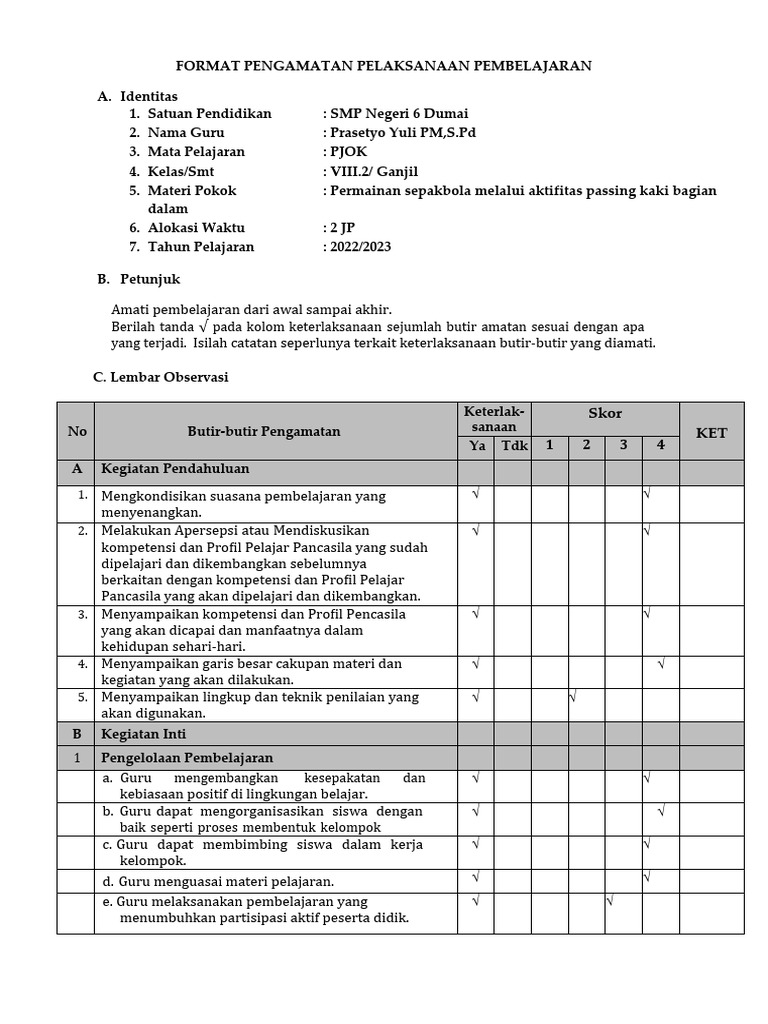 Format Pengamatan Pelaksanaan Pembelajaran Edit | PDF | Karier & Perkembangan