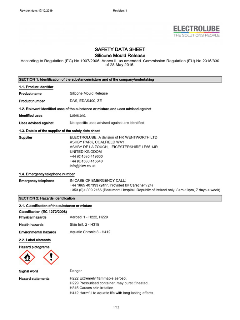MSDS Silicone Mould Release | PDF | Safety | Chemistry