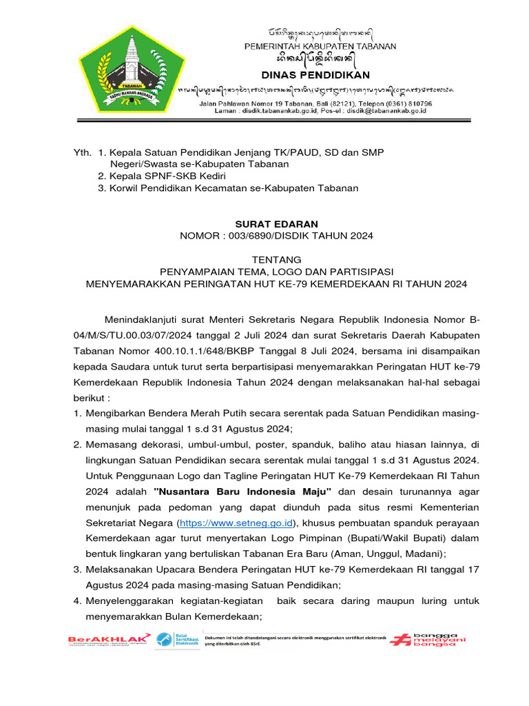 Surat Edaran Perayaan17 Agustus 2024 | PDF