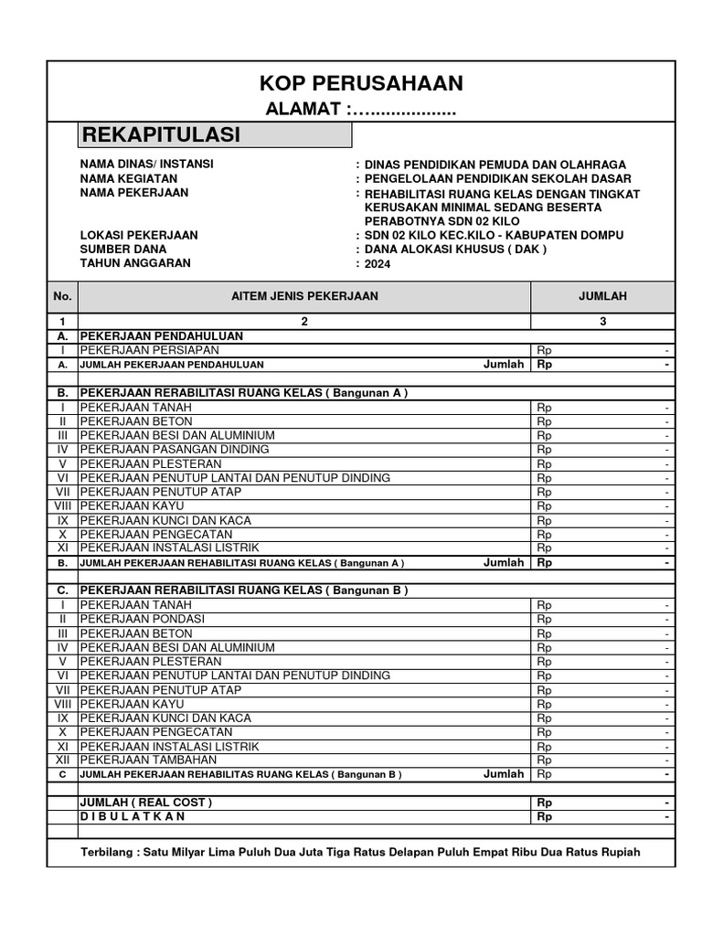 RAB Rehab R. Kelas SDN 02 Kilo HPS Kosong | PDF