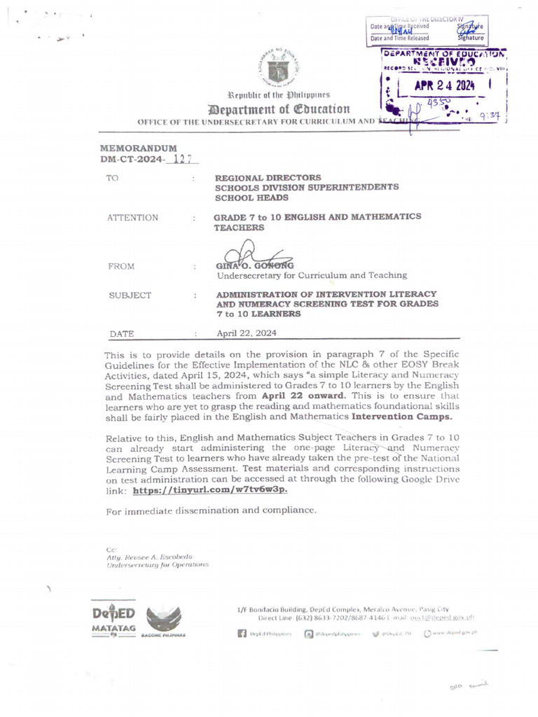 Memorandum DM CT 2024 127 | PDF