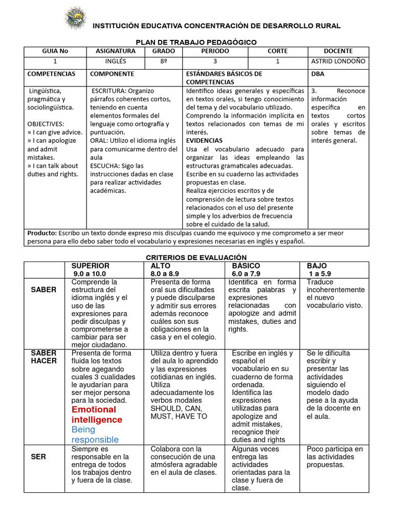 Guia 1 P3 Grado 8 Inglés Astrid Londoño | PDF | Gramática | Semiótica