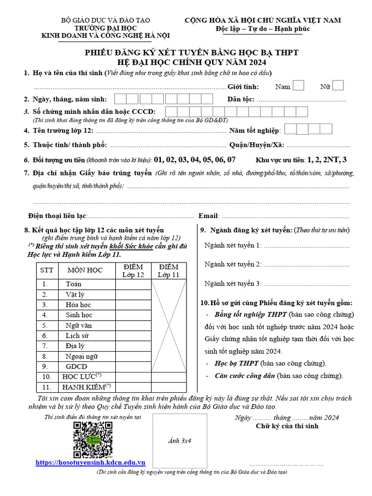 I Am Sharing 'Phieu Dang Ky Xet Tuyen Bang Hoc Ba Nam 2024 Kdcn_V4.1' With You | PDF