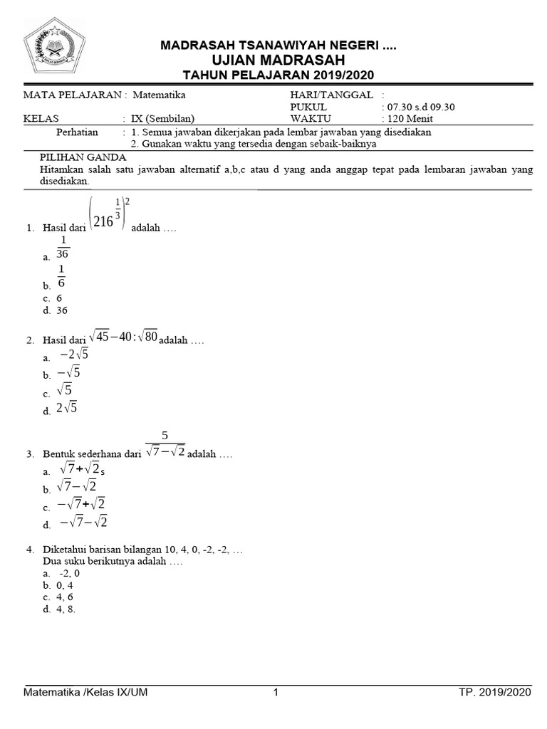 Naskah Soal Matematika Um Tp. 2019-2020 | PDF