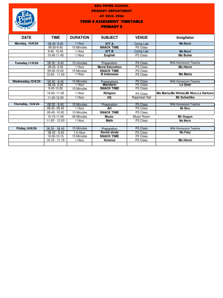TERM 4 EXAM TIMETABLE 2024 June P3 | PDF | Schools | Educational ...