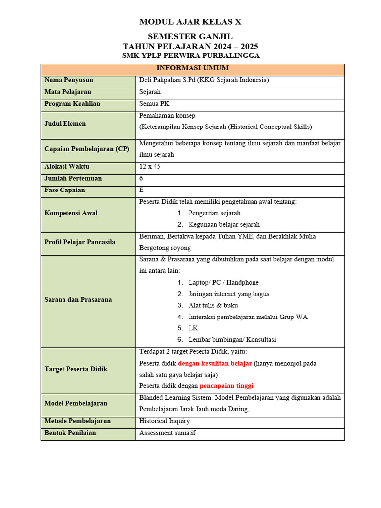 Modul Ajar Sejarah Kelas X | PDF