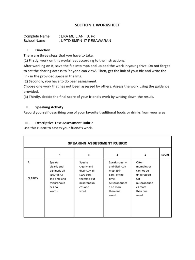 Section 1 - V. Worksheet LMS RUBRIC | PDF | Human Communication