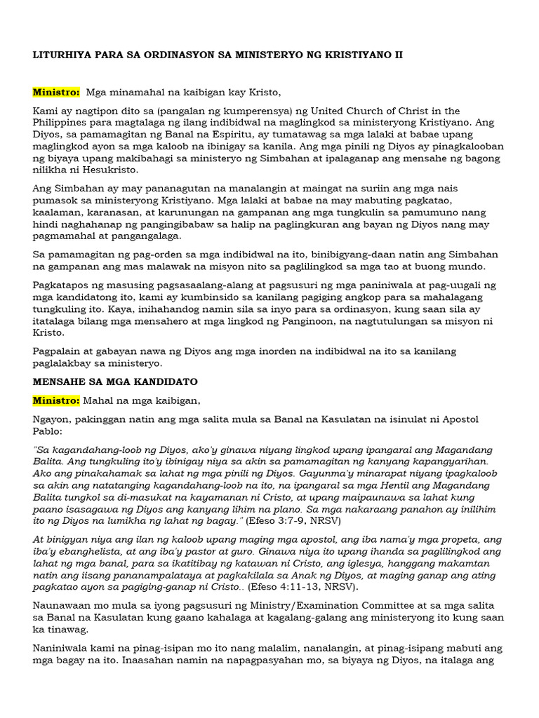 LITURHIYA PARA SA ORDINASYON SA MINISTERYO NG KRISTIYANO II | PDF