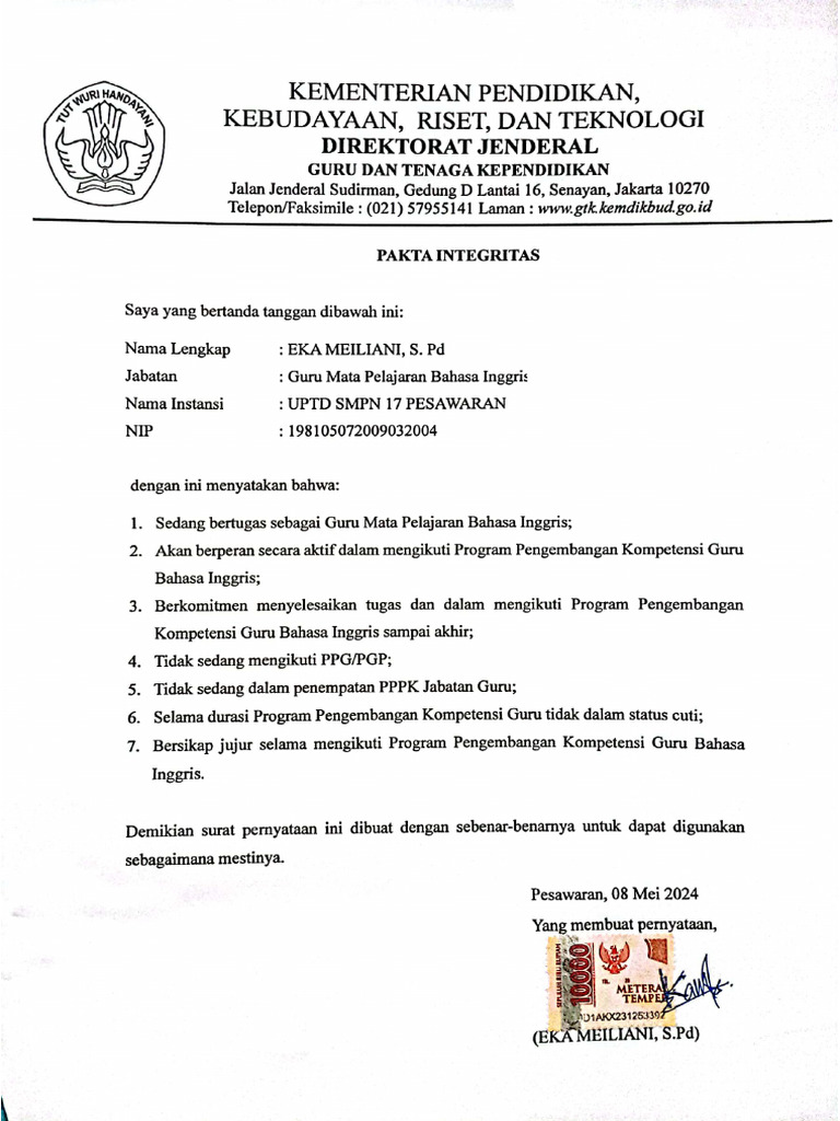 Pakta Integritas Pkgbi Pdf