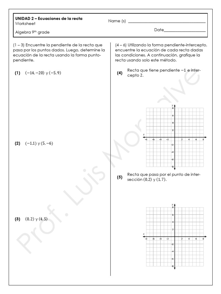 UNIT 2 - Worksheet - Ecuaciones de Una Recta | PDF | Pendiente | Línea ...