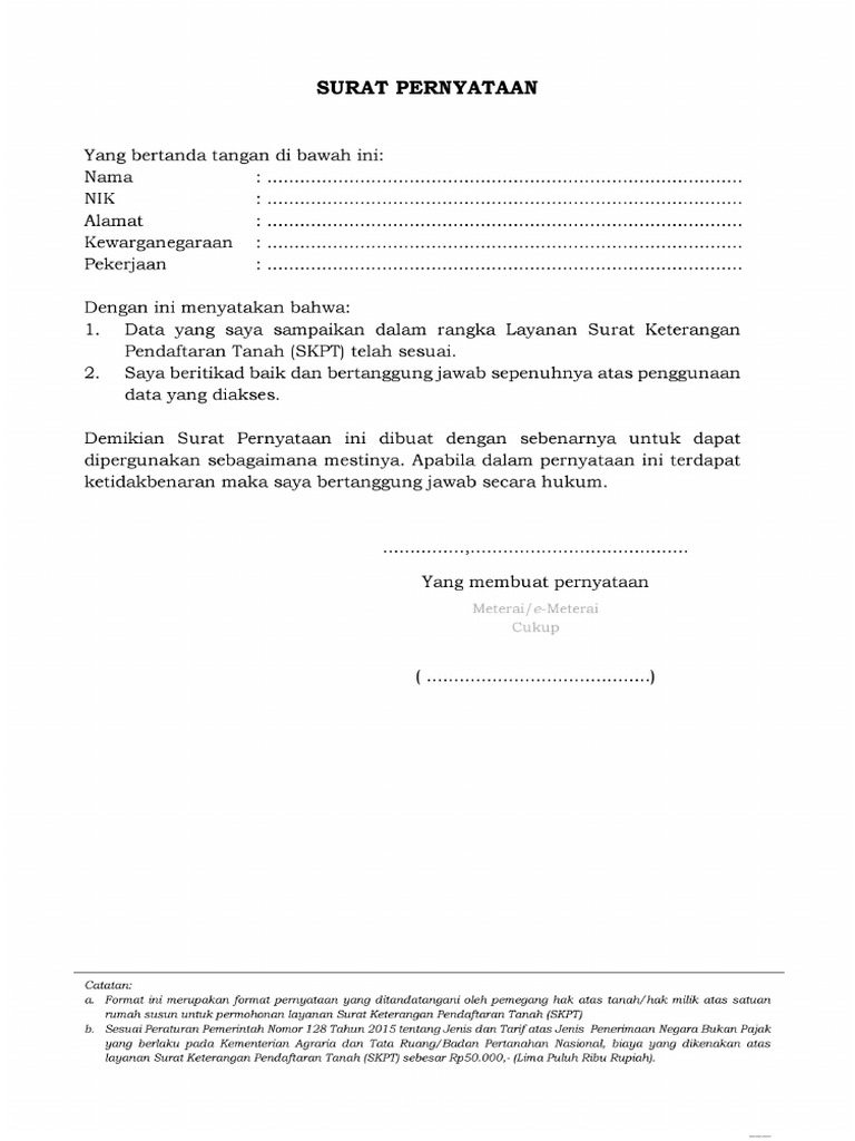 Format Surat Pernyataan Layanan SKPT | PDF