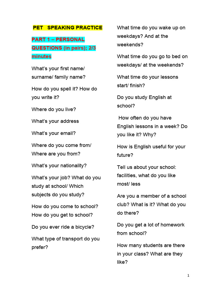 PET Speaking Practice: Part 1 Questions | PDF | Lunch